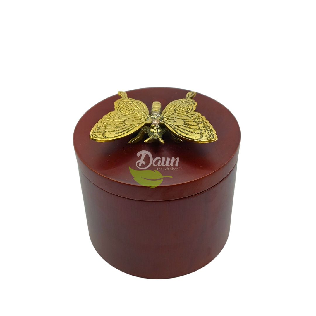 Round Wooden Box with Brass Statue - Daun Gift