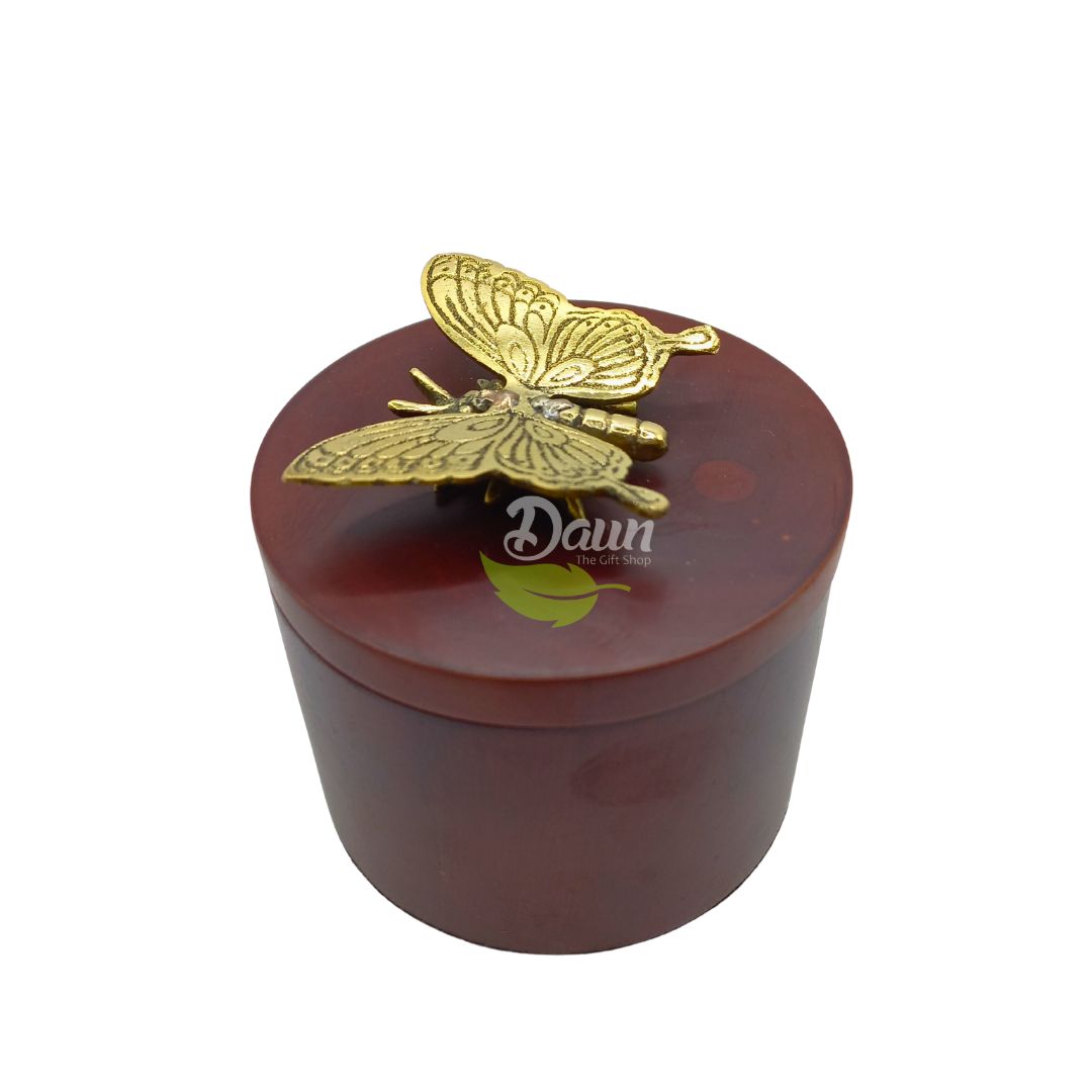 Round Wooden Box with Brass Statue - Daun Gift