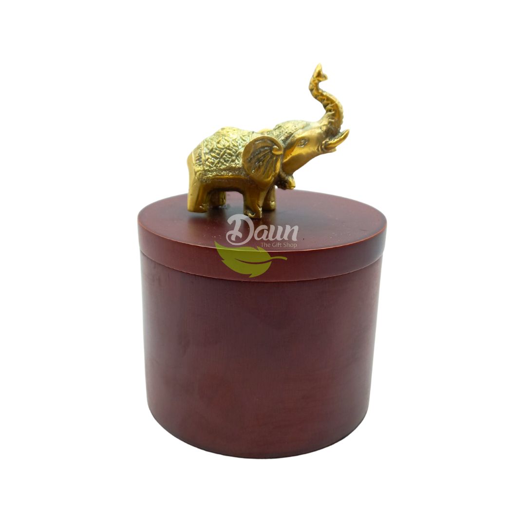 Round Wooden Box with Brass Statue - Daun Gift
