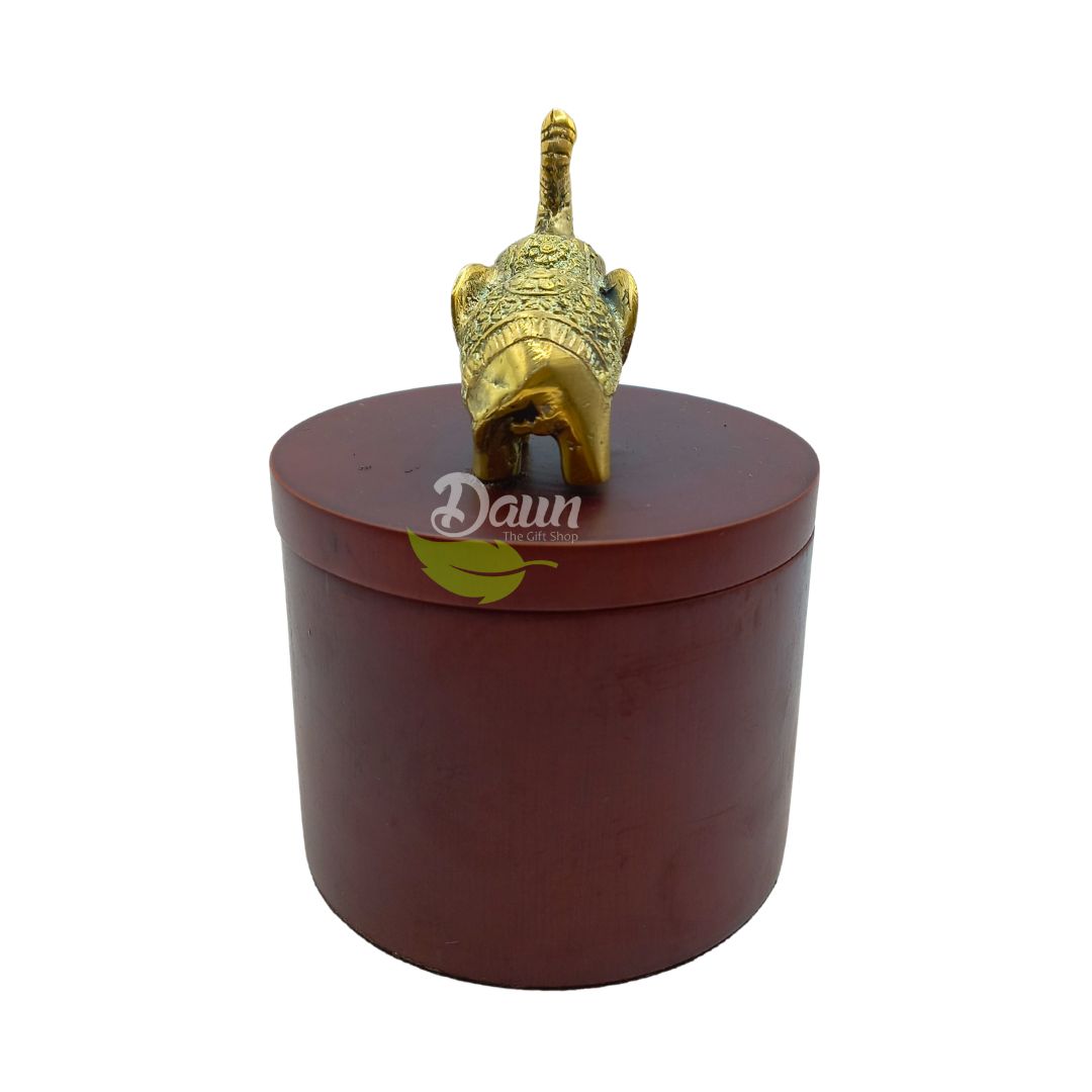 Round Wooden Box with Brass Statue - Daun Gift
