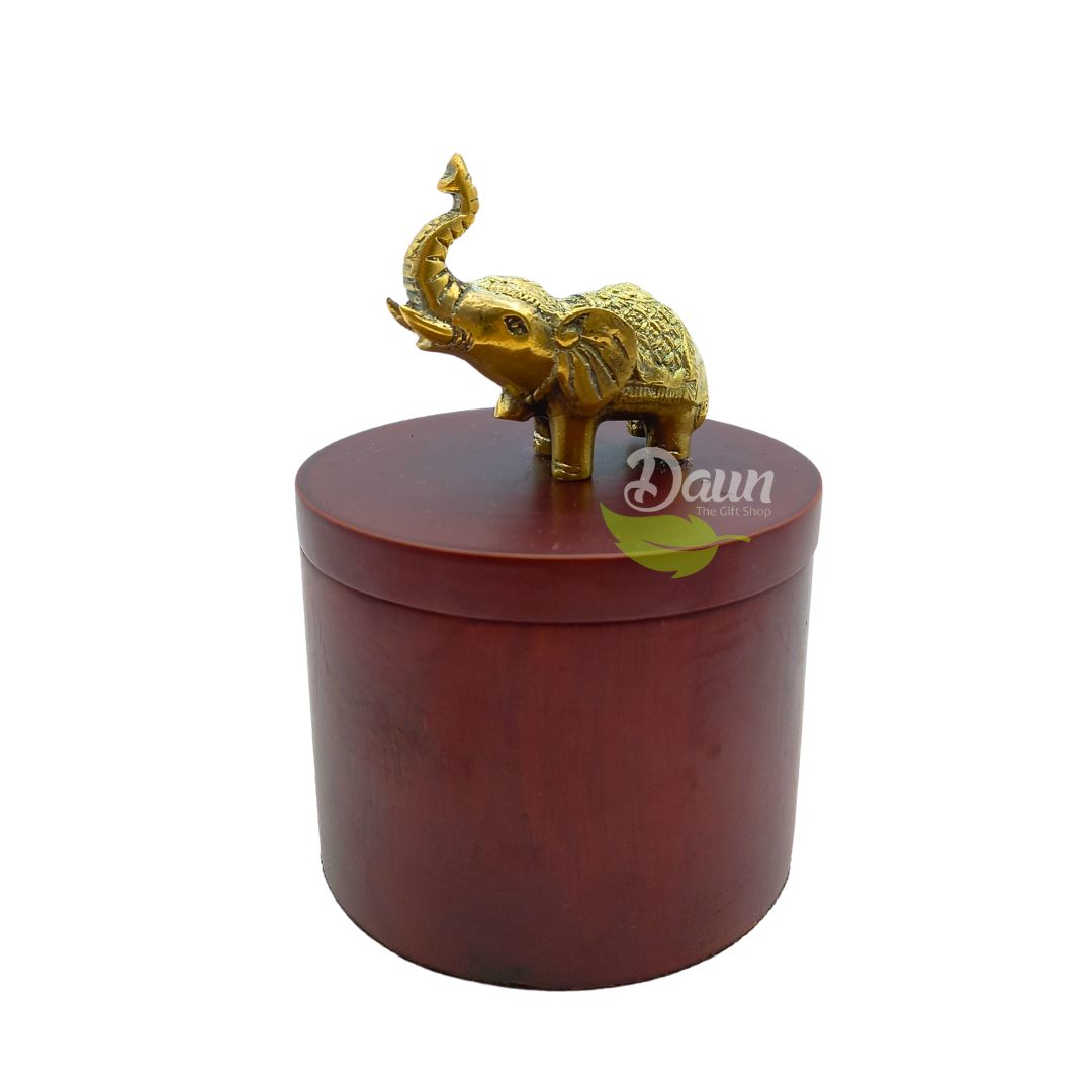 Round Wooden Box with Brass Statue - Daun Gift